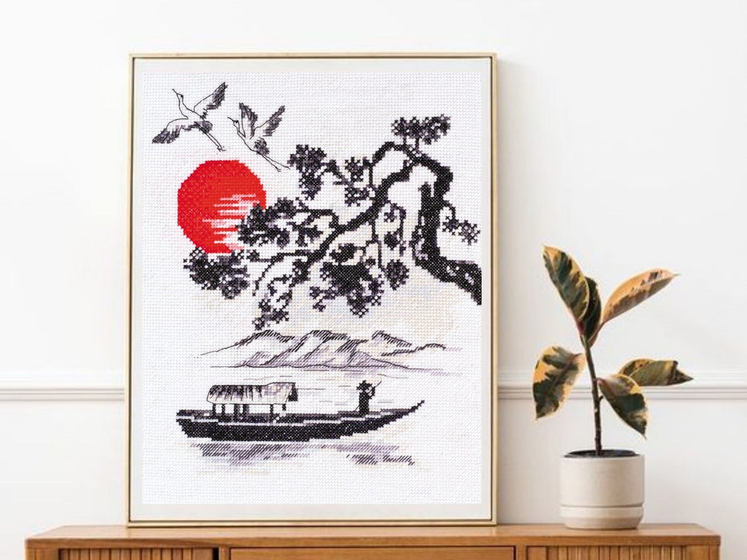 Sunset Cross Stitch Kit, Minimalist Asian Landscape, Japanese Cranes ...