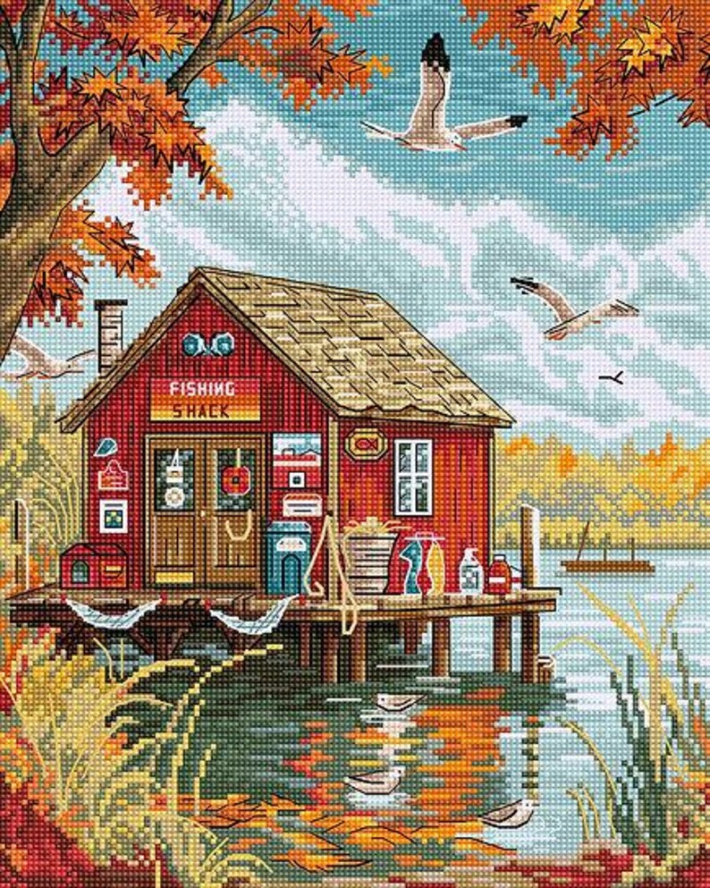 Fisherman's Shack Counted Cross Stitch Kit, Fishing Cottage on Autumn ...