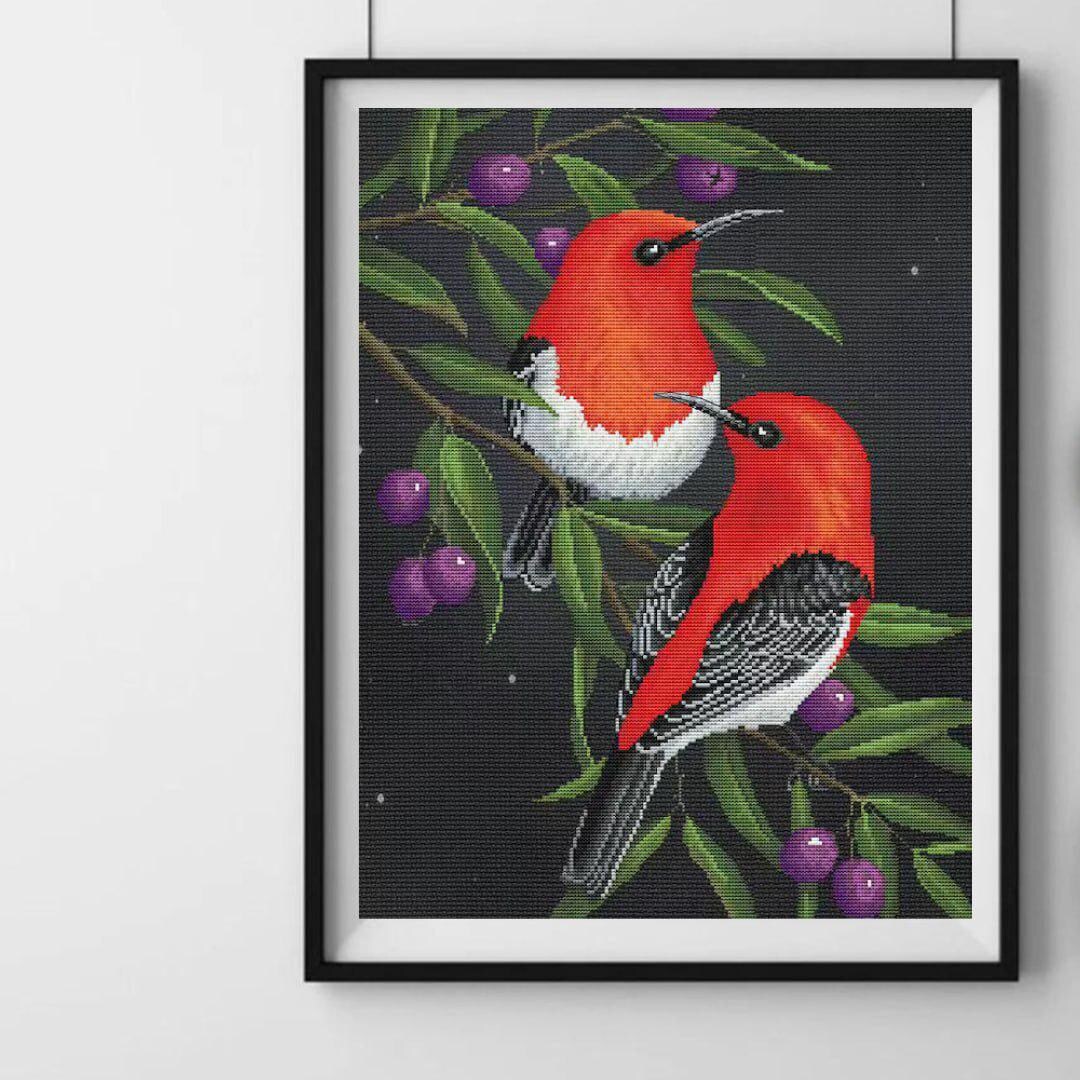 Scarlet Tanagers Cross Stitch Kit, Exotic Bird Couple on Olive Tree ...