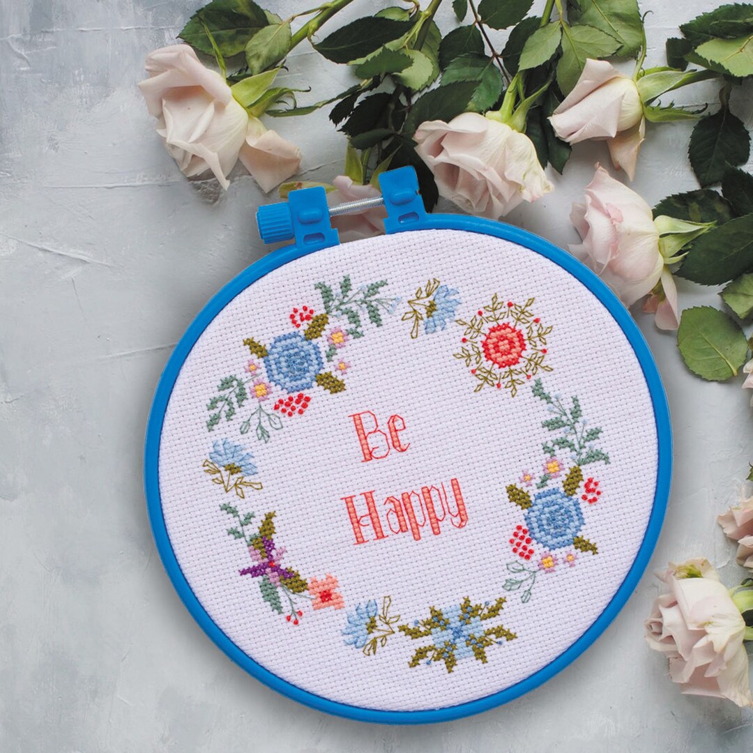 Be Happy Cross Stitch DIY Kit, Hoop Art Decor, Needlework Round ...