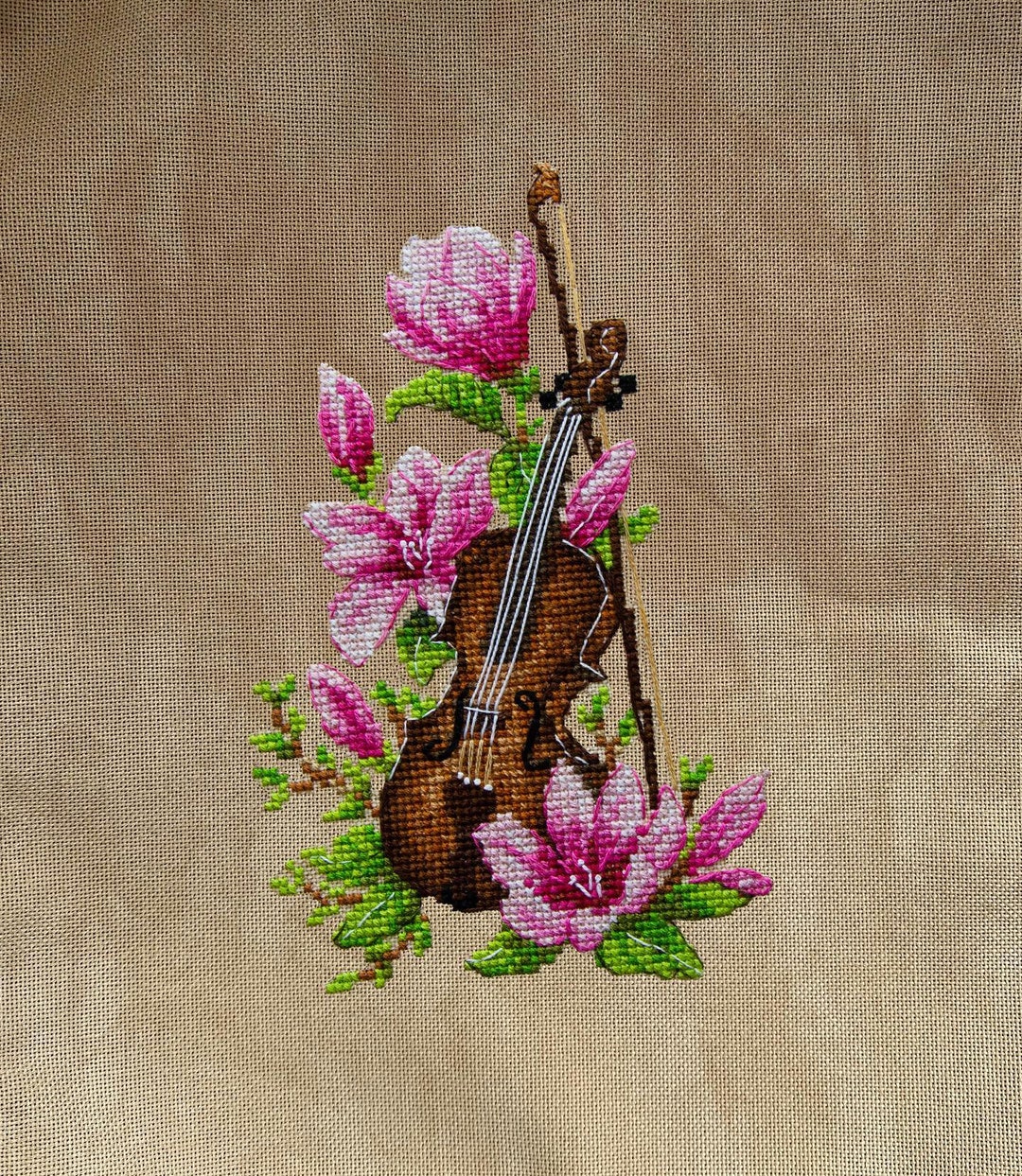 Violin in Magnolia Flowers Cross Stitch Kit, Musical Instrument X ...