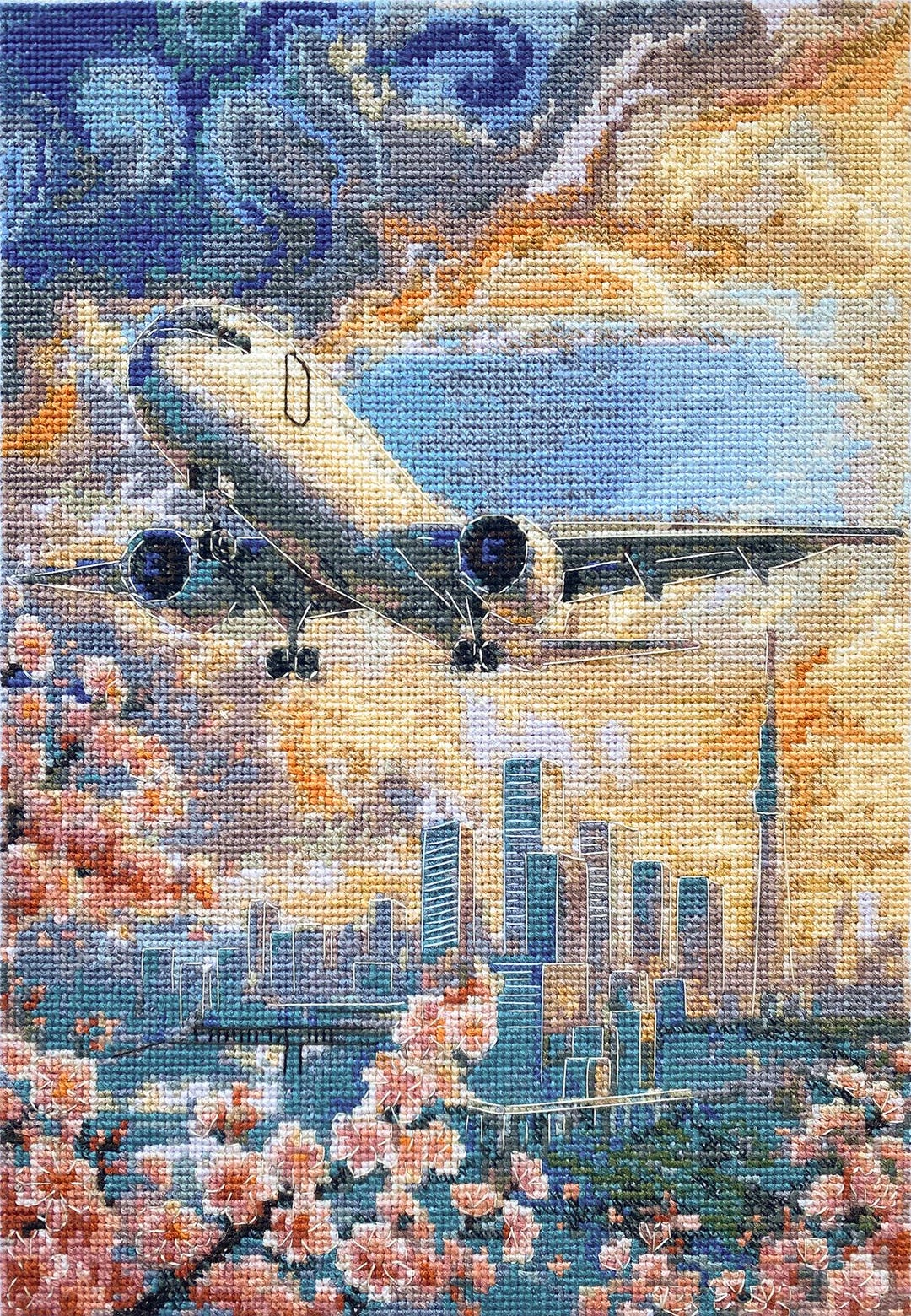 Airplane Cross Stitch Kit, Above the Sky Landscape, Airplane & City ...