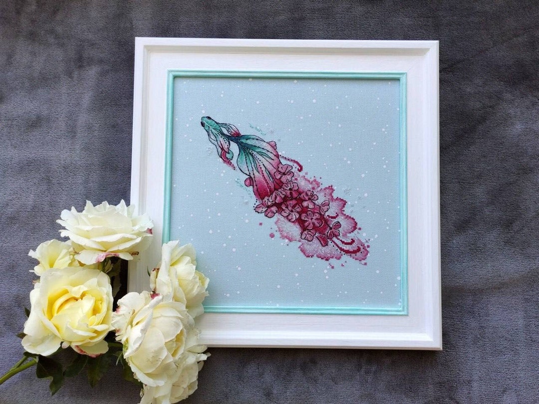 Koi Fish Cross Stitch Kit, Floral Sea Animal X-stitch Pattern ...