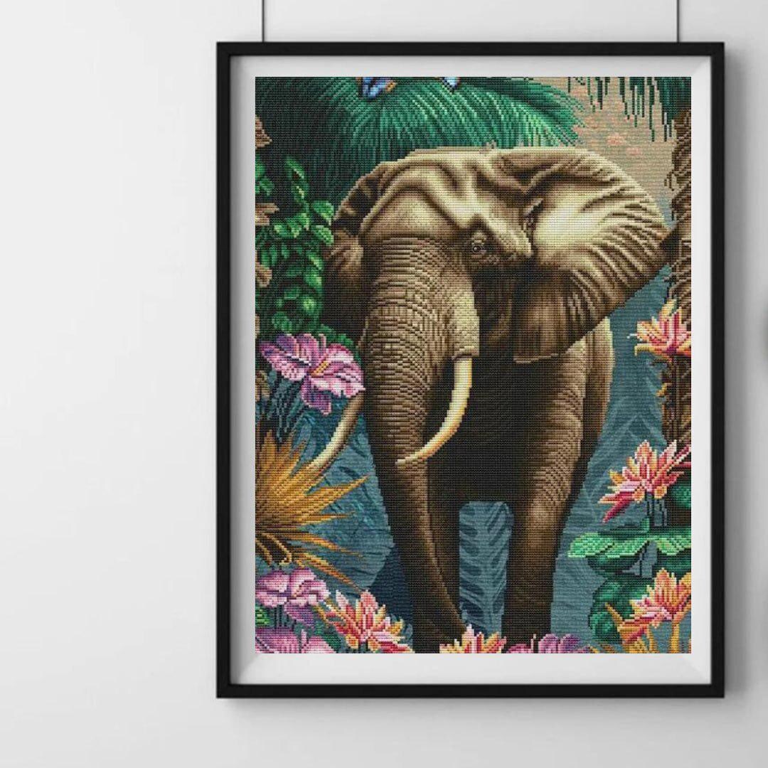 Jungle Elephant Cross Stitch Kit, Animal in Tropical Flowers X-stitch ...