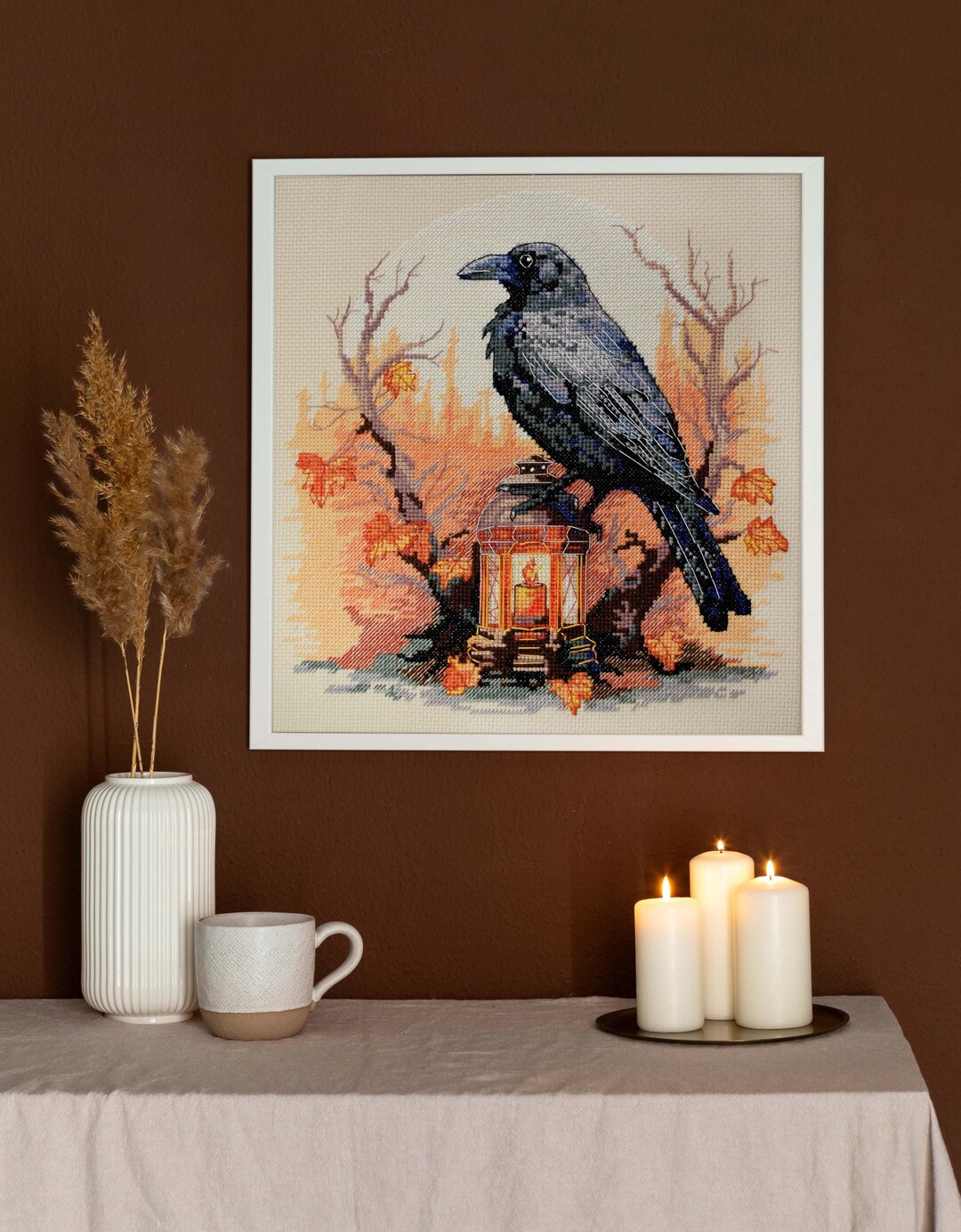 Gothic Raven Counted Cross Stitch Kit, Black Spooky Bird on Lantern X ...