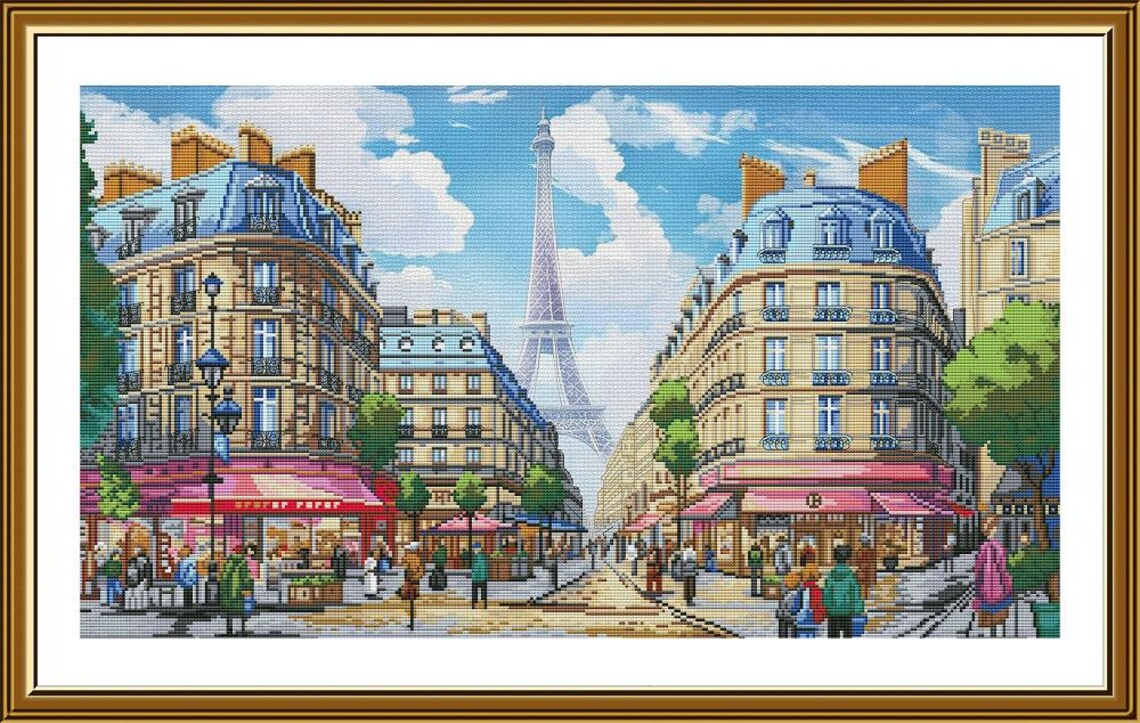 Paris Street Cross Stitch Kit, Eiffel Tower Cityscape X-stitch Pattern ...