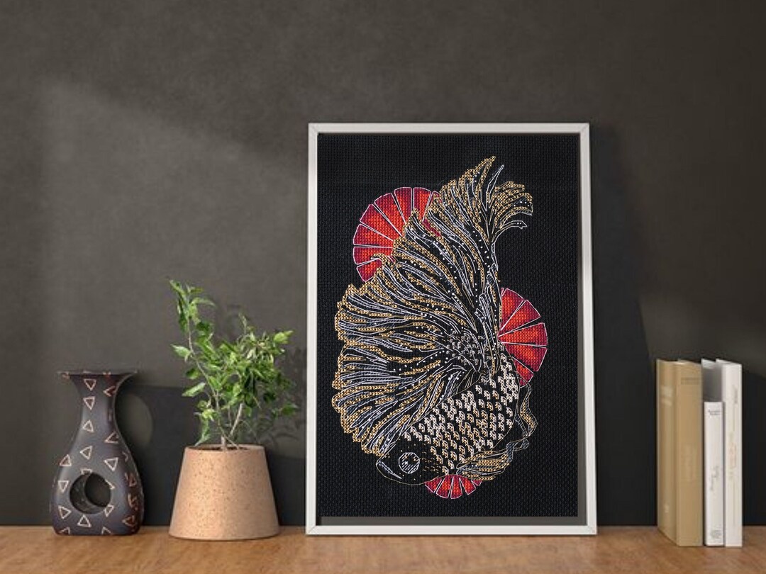 Goldfish Cross Stitch Kit, Fighting Fish Design, Oranda Aquarium Design ...
