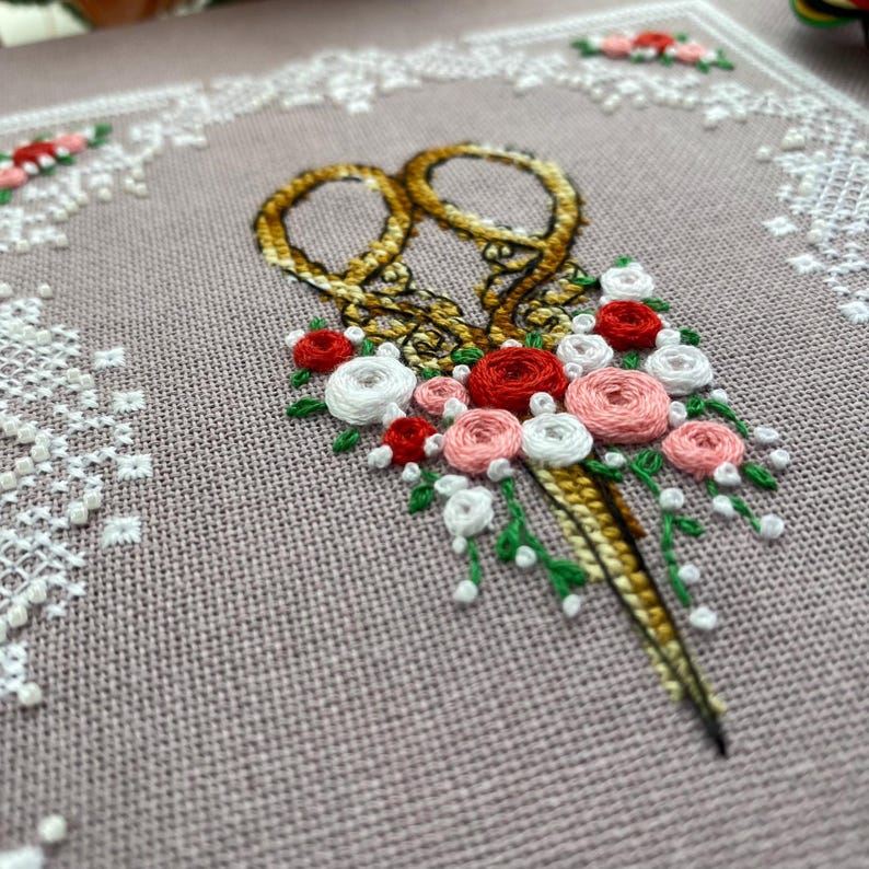Floral Scissors Cross Stitch Kit, Murano Canvas X-stitch Pattern, Rose ...