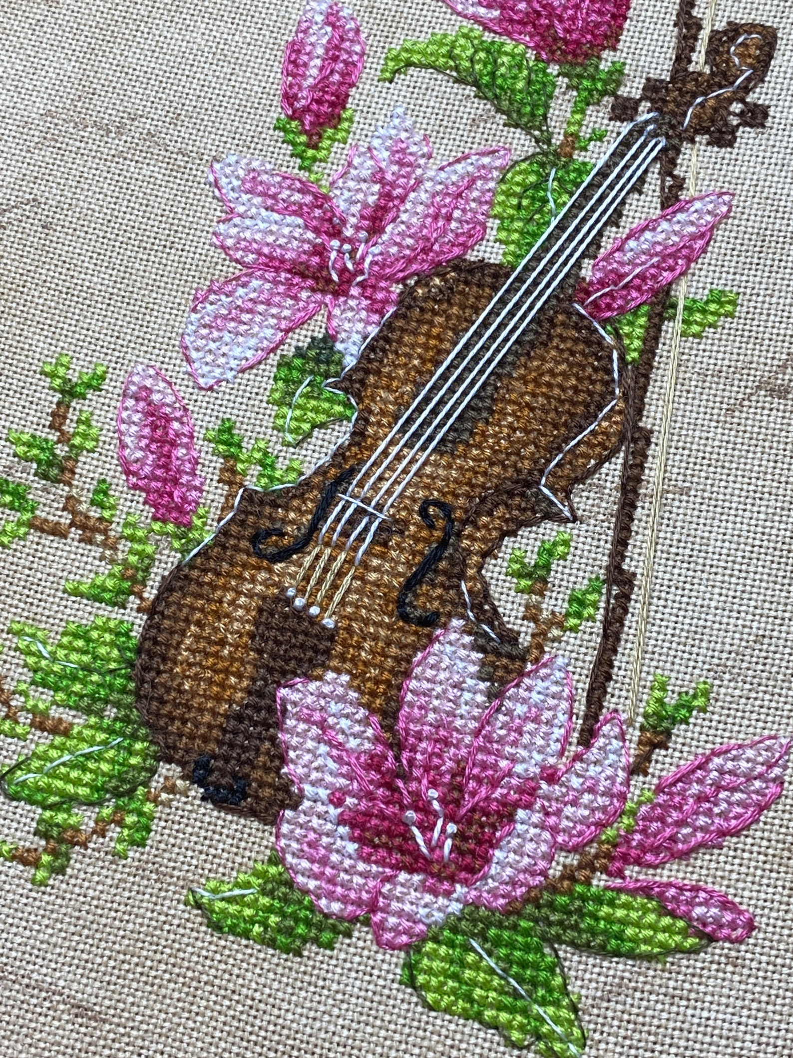 Violin in Magnolia Flowers Cross Stitch Kit, Musical Instrument X ...