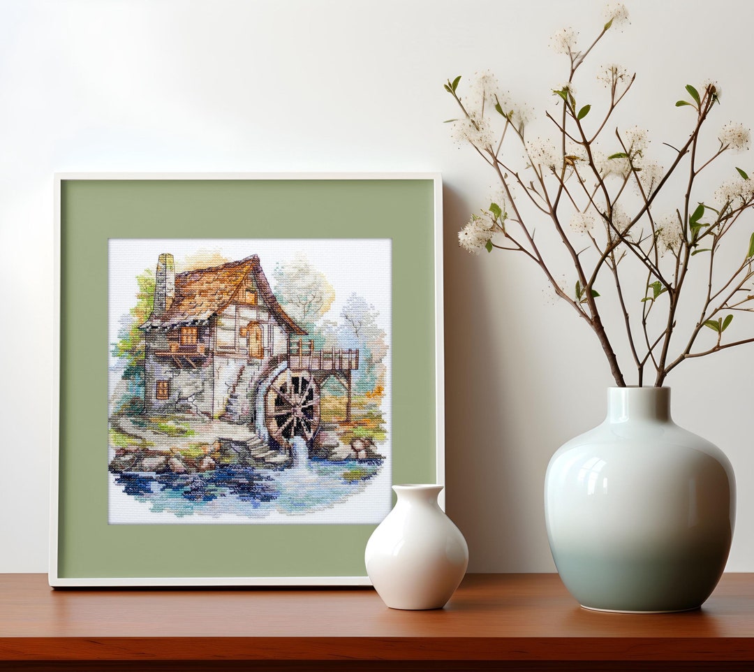 Old Watermill House Cross Stitch Kit, Country Cottage With Water Wheel ...