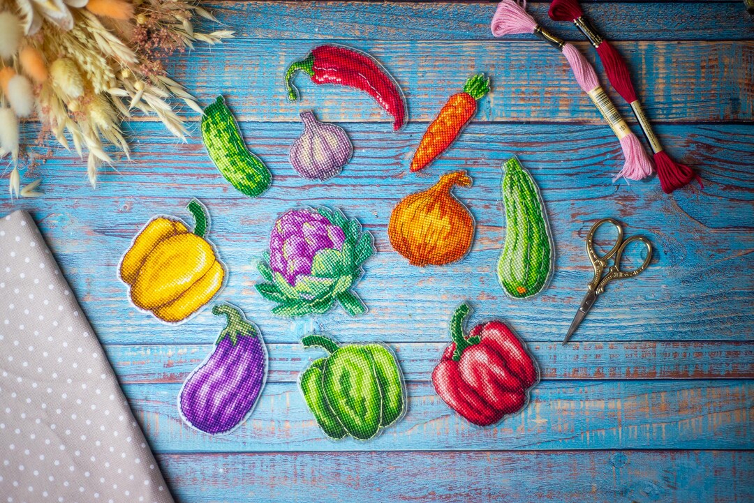 Vegetables Cross Stitch Magnet Kits, Chilly Onion, Garlic, Carrot, DIY ...