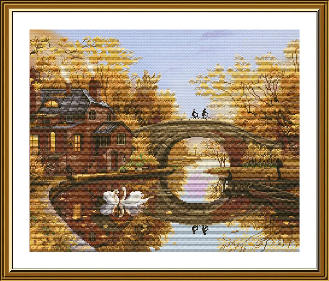 Autumn Landscape Cross Stitch Kit, Bridge on the River X-stitch Pattern ...