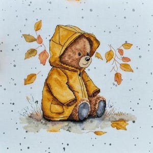 Teddy Bear in a Yellow Raincoat Cross Stitch Kit, Woodland Animal ...