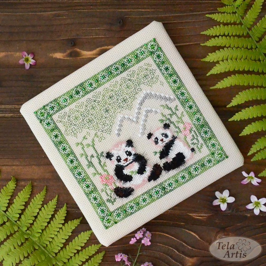 Pandas Sampler Cross Stitch Kit, Animals Needlepoint Pattern With Beads ...