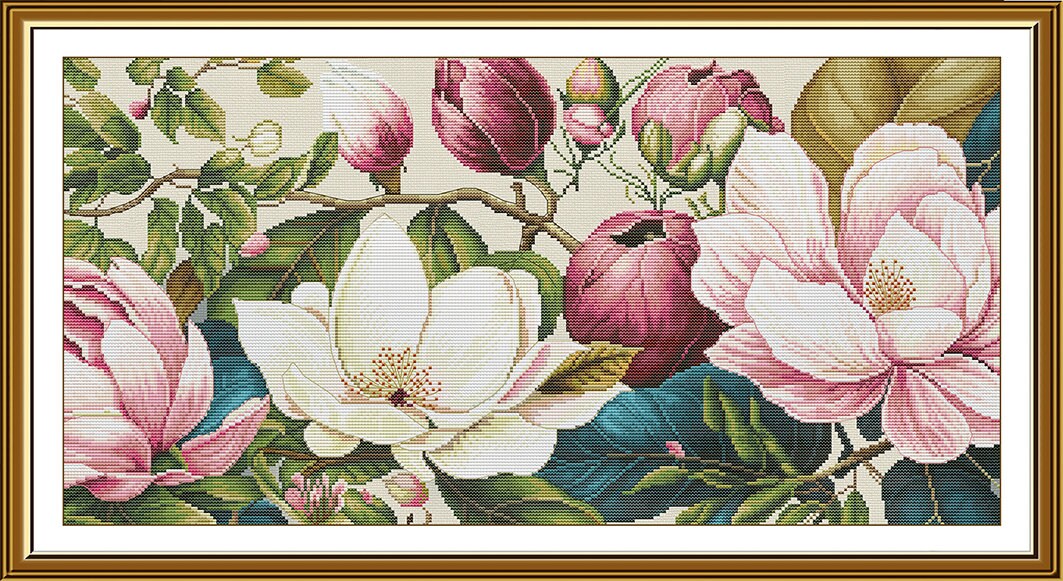 Blooming Magnolia Branch Cross Stitch Kit, White & Pink Flowers Blossom ...