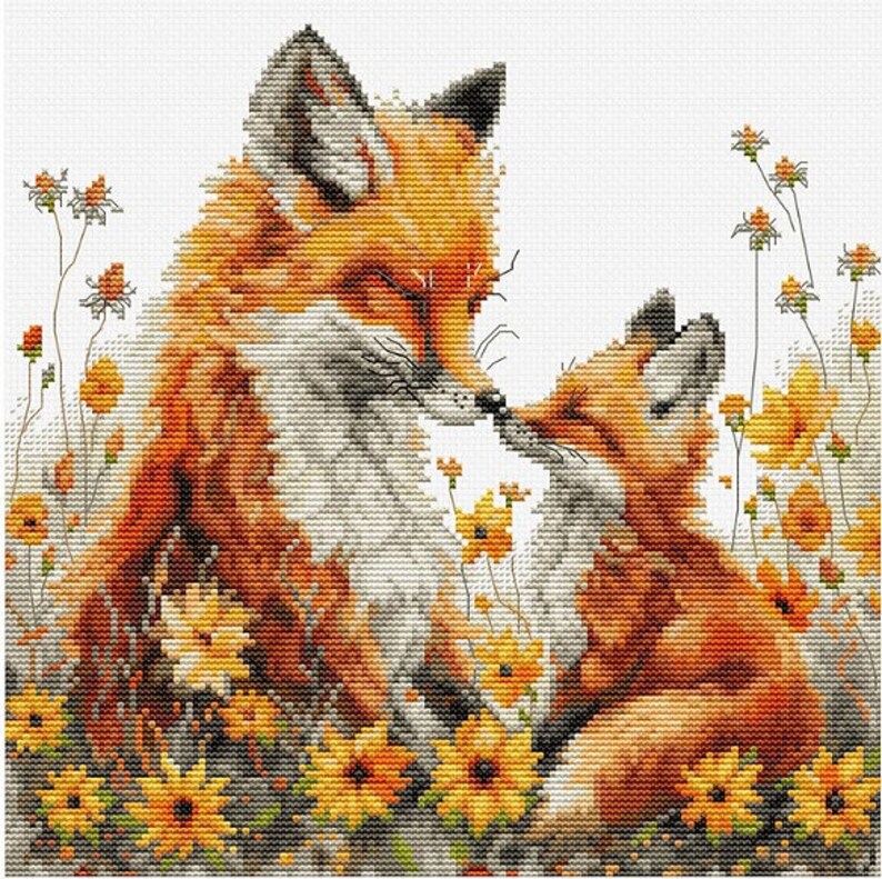 Mother Fox and Cub Cross Stitch Kit, Mama & Baby Animal X-stitch Kit ...
