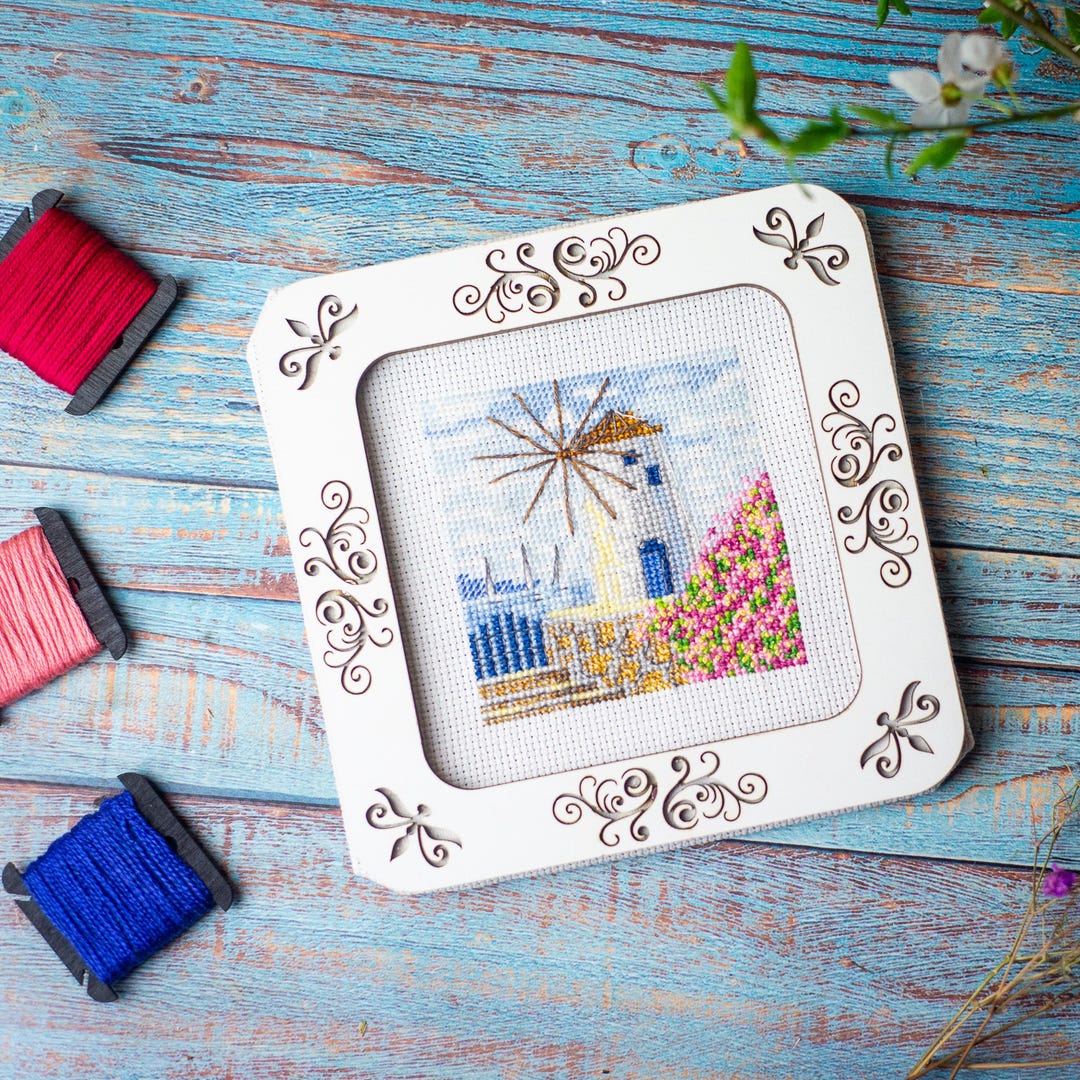 Santorini Windmill Cross Stitch Kit, Greek Landscape Needlepoint Kit ...