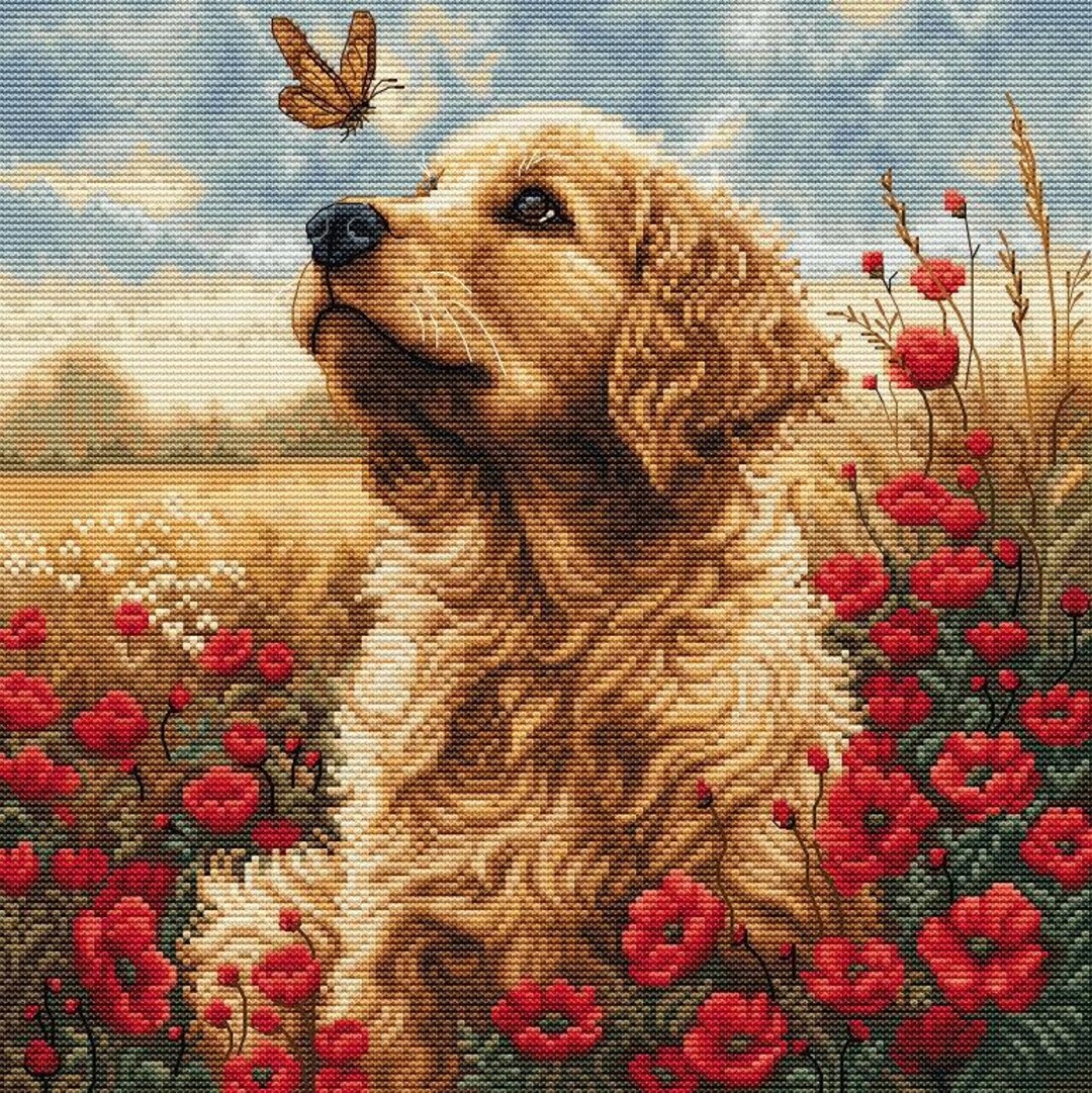 Golden Retriever Counted Cross Stitch Kit, Cute Puppy in Poppy Field ...