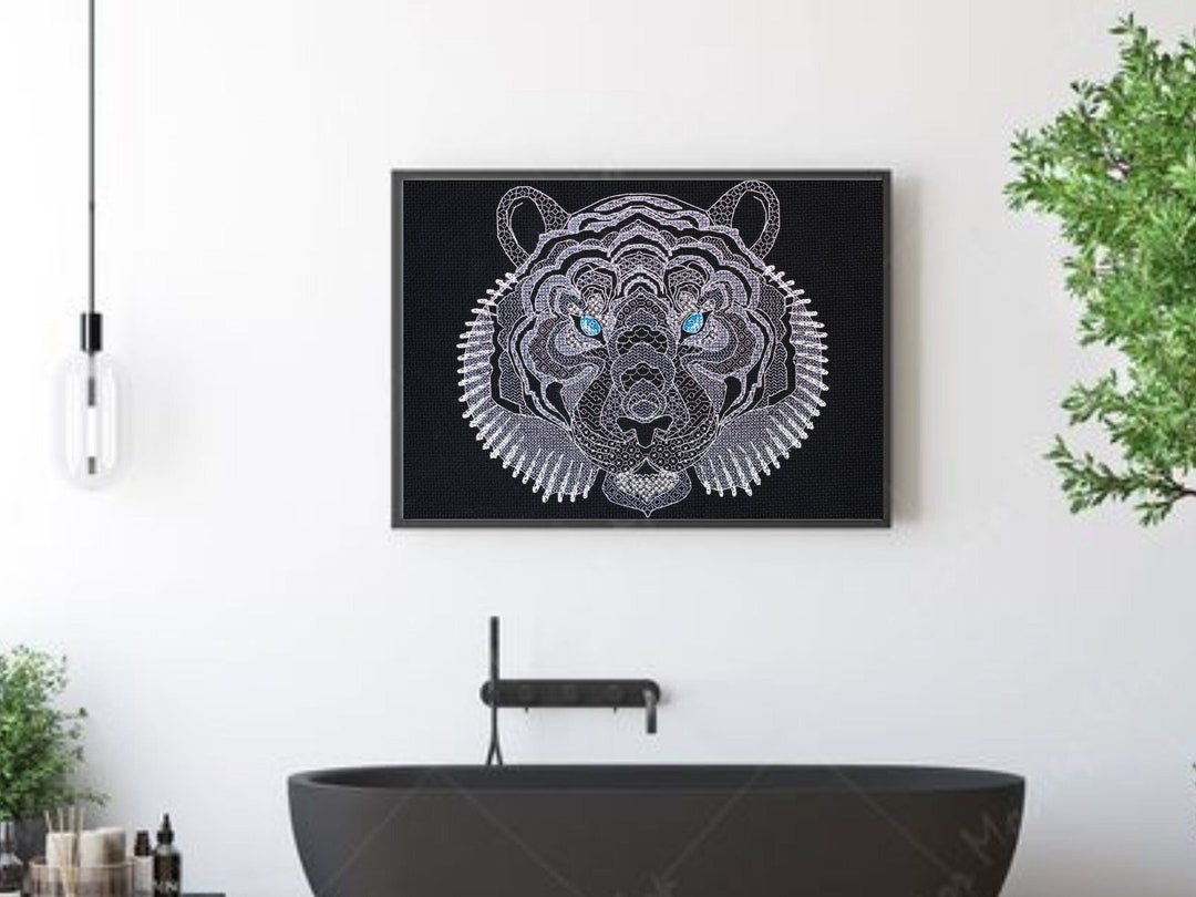 White Tiger Stitching Kit, Monochrome Animal Portrait Design, Whitework ...