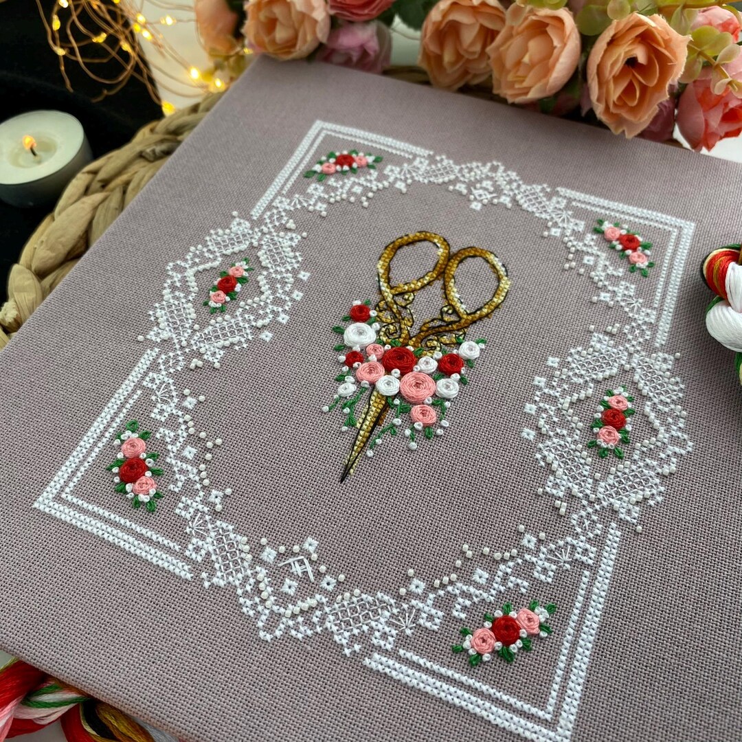 Floral Scissors Cross Stitch Kit, Murano Canvas X-stitch Pattern, Rose ...