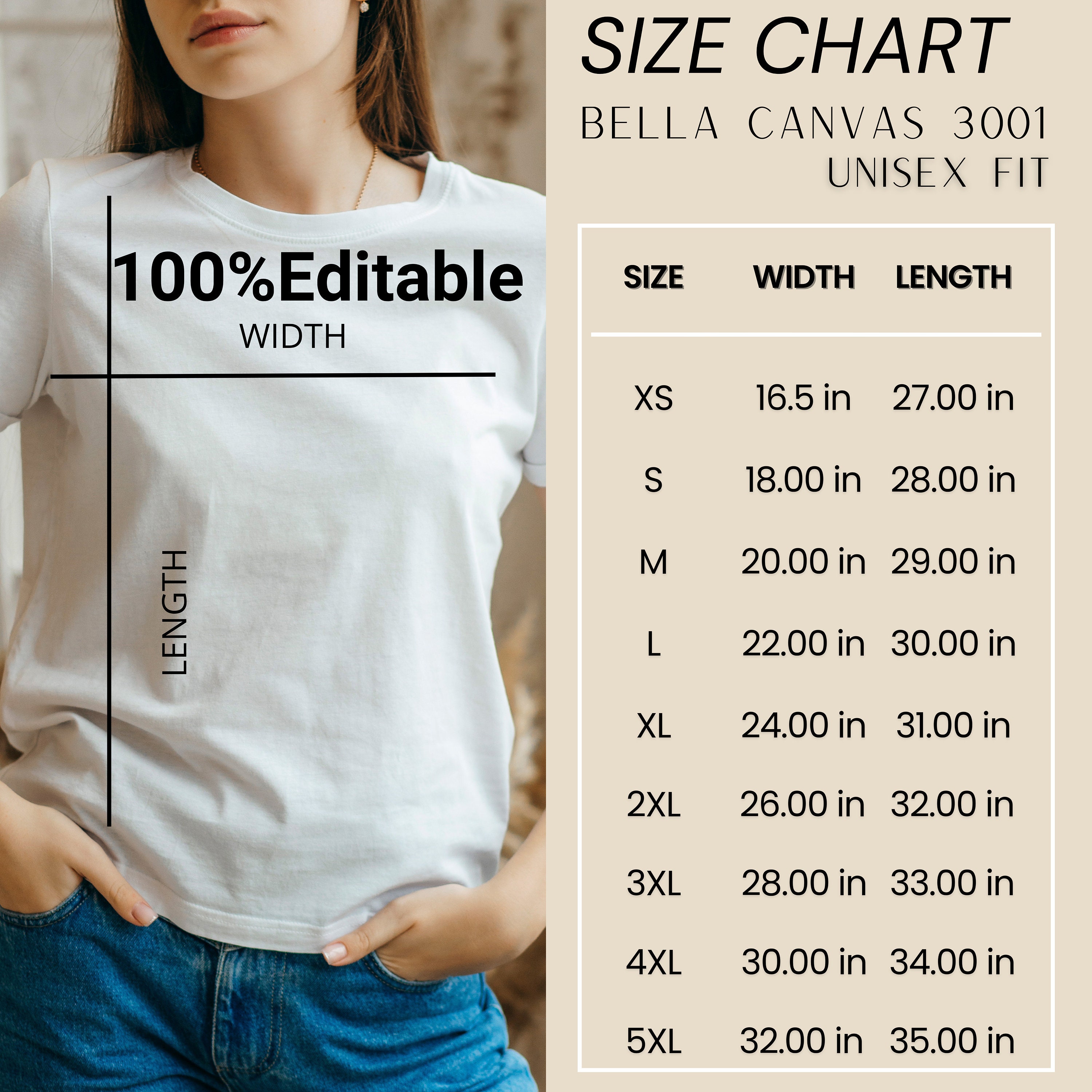 Editable Bella Canvas 3001 Size Chart, Size Chart for Bella and Canvas ...