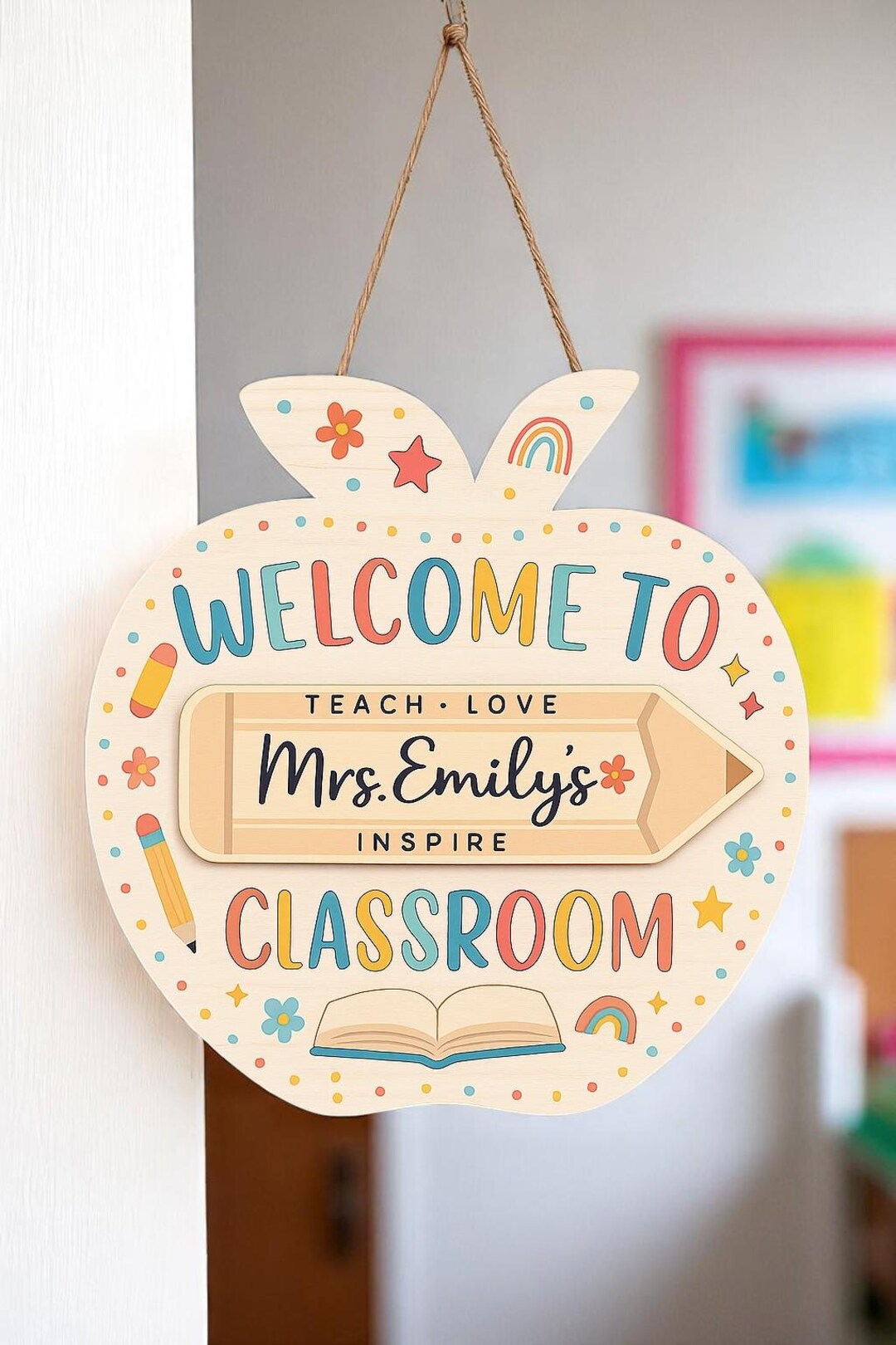 Personalized Apple Classroom Door Sign, Custom Teacher Name Pencil Sign ...