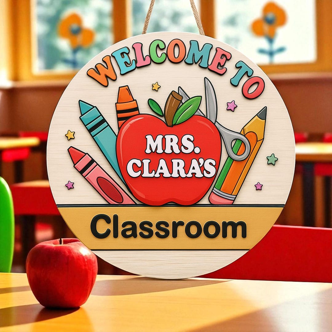 Welcome to Classroom Door Sign, Custom Teacher Name Sign With Apple and ...