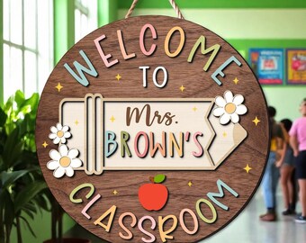 Personalized Apple Classroom Door Sign, Custom Teacher Name Pencil Sign ...