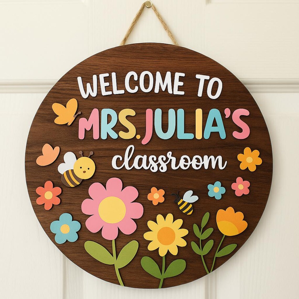 Personalized Teacher Classroom Sign With Flowers, Bee & Butterfly ...