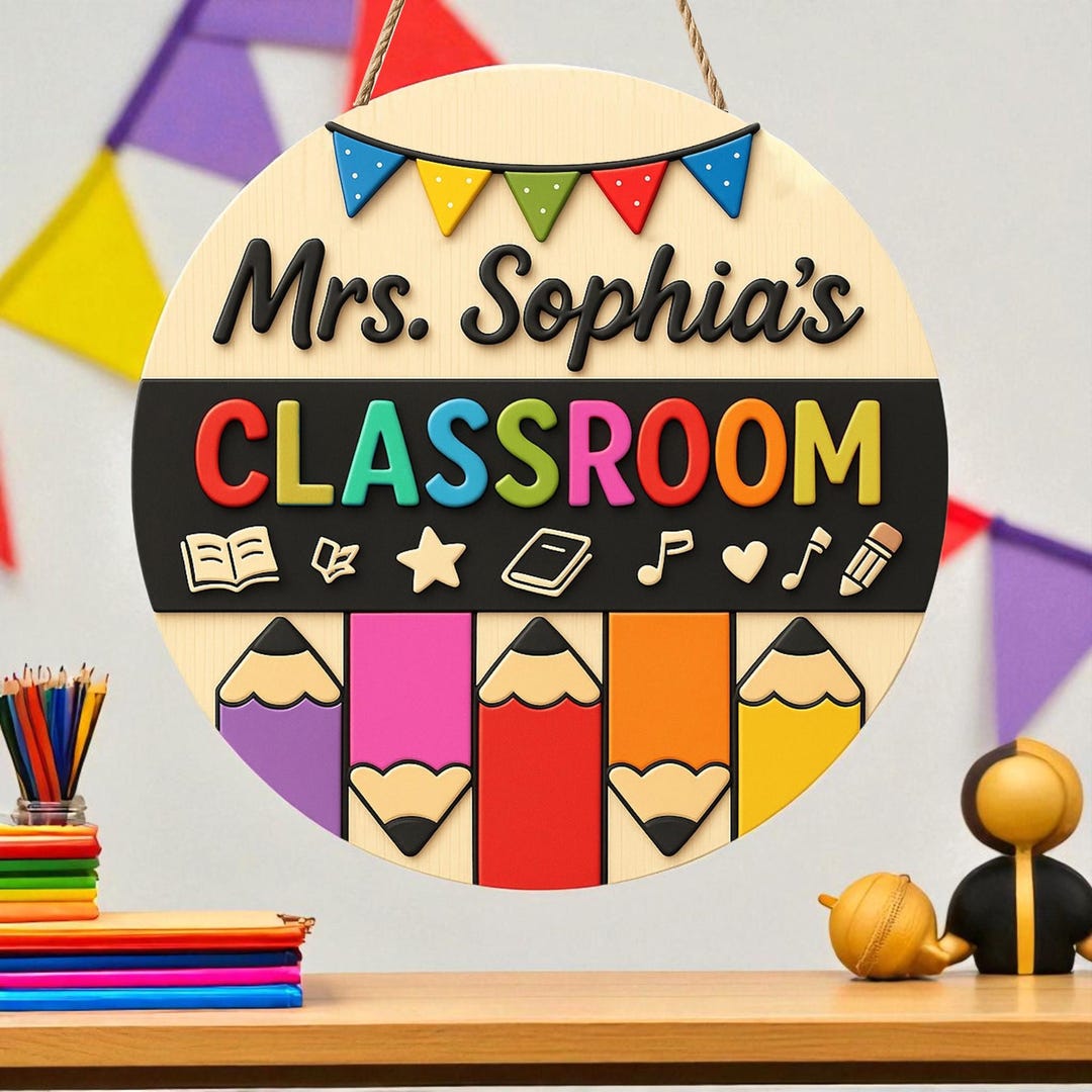 Personalized Teacher Classroom Door Sign, Colorful Pencil Name Sign ...