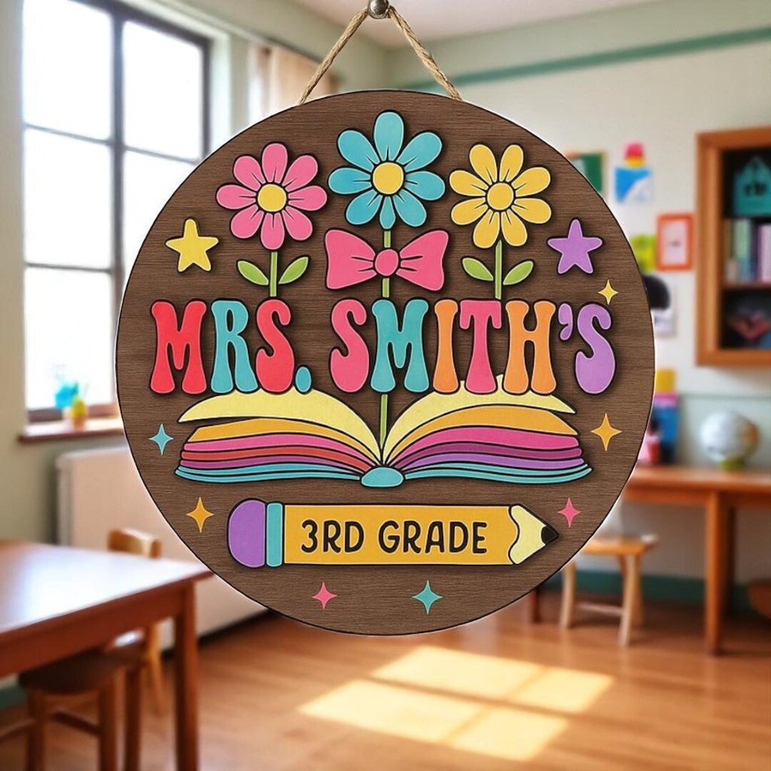 Custom Teacher Door Sign – 3D Round Classroom Name Sign, Book & Pencil ...