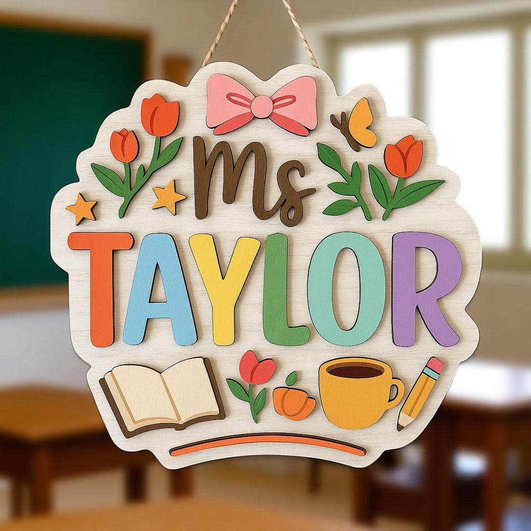 Personalized Teacher Door Sign, Custom Classroom Name Sign With Flowers ...
