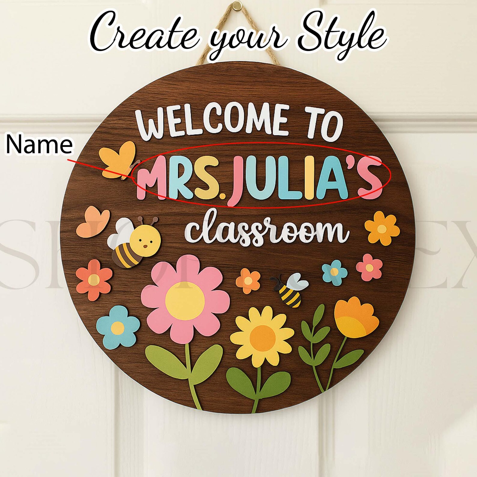Personalized Teacher Classroom Sign With Flowers, Bee & Butterfly ...