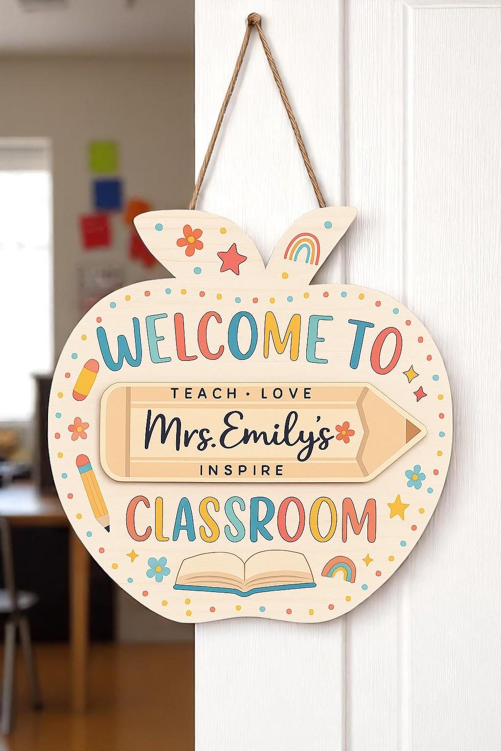 Personalized Apple Classroom Door Sign, Custom Teacher Name Pencil Sign ...