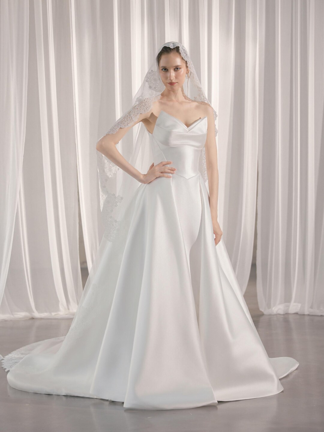 Minimalist Simple Satin Wedding Dress With Square Neck and Flower ...
