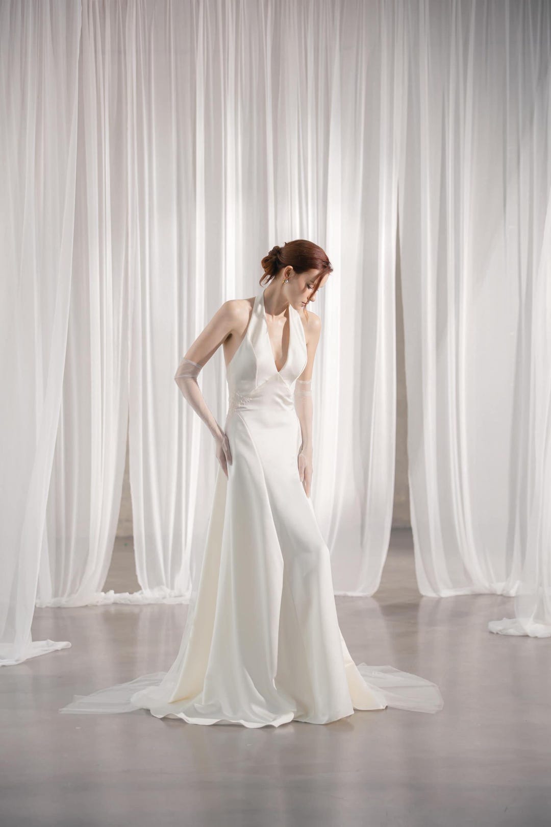 Minimalist Simple Satin Wedding Dress With Square Neck and Flower ...