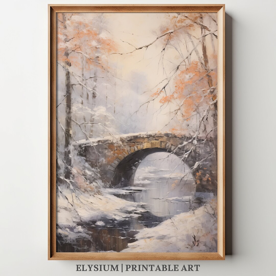 Printable Art of Stone Arch Bridge in Snowy Forest Vintage Print ...