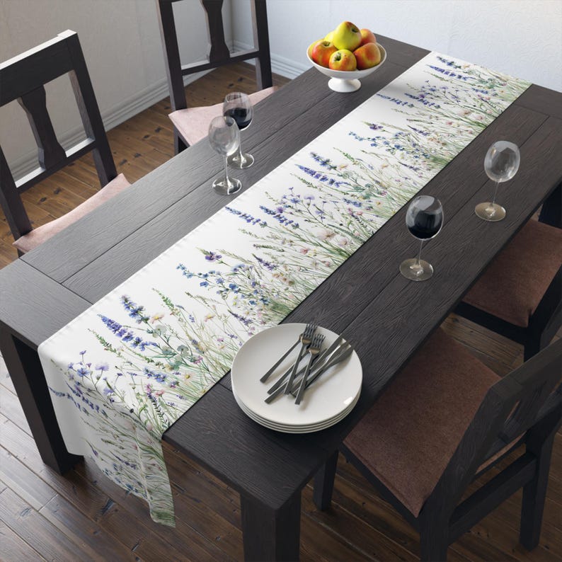 Blue Meadow Wildflower Table Runner: Watercolor Purple Floral Artistic ...