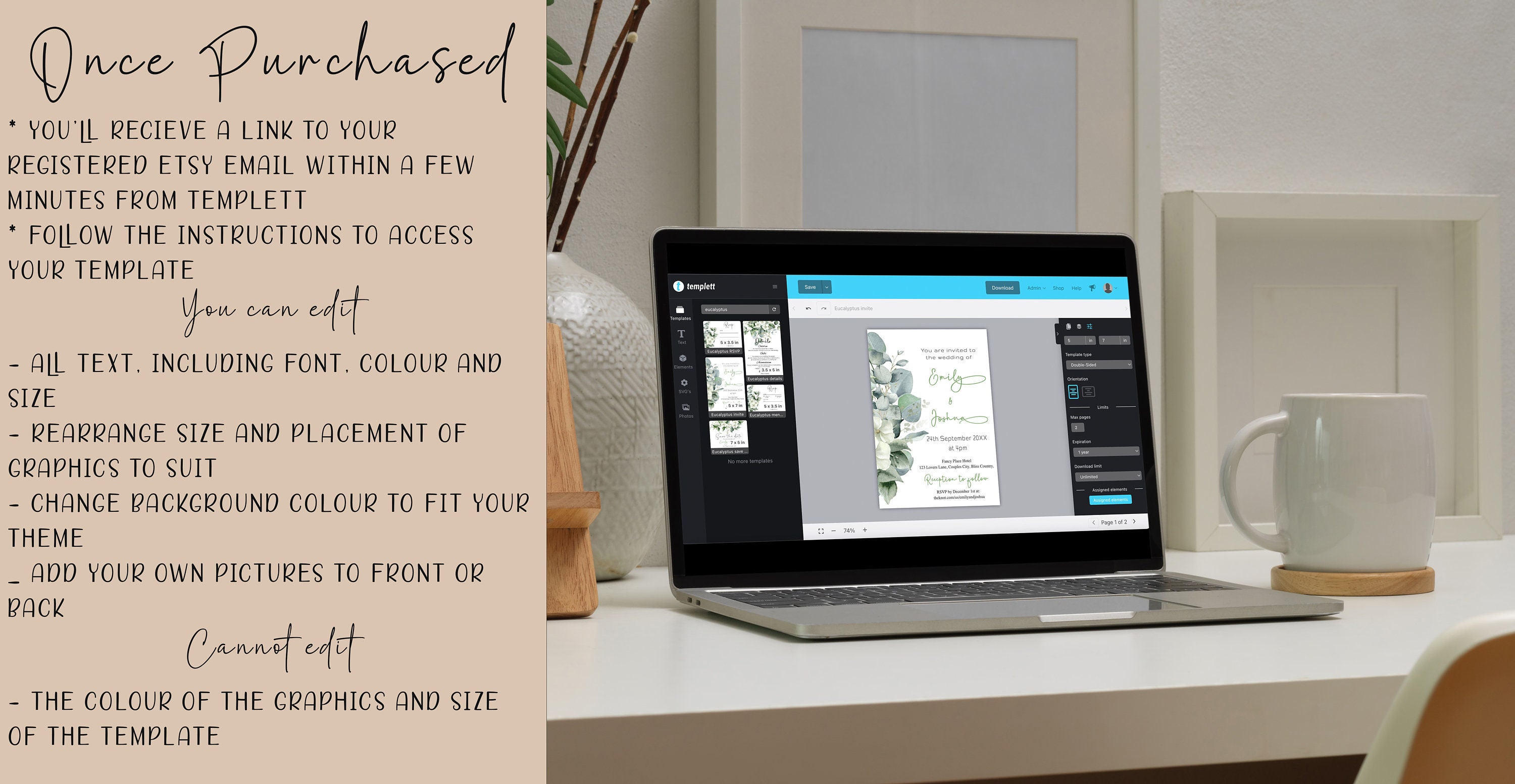 Eucalyptus, White Floral Wedding Invitation - Editable Template. Beautiful Understated Botanical ...