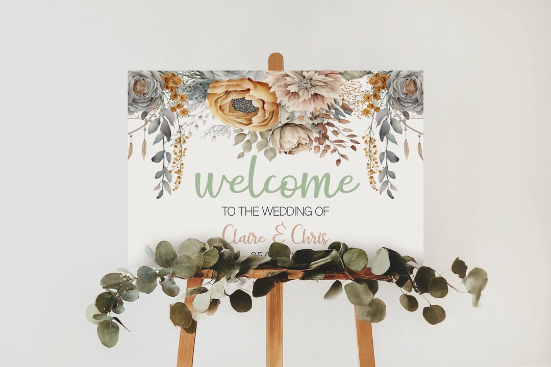 Rustic Boho Wedding Sign Set: Editable Floral & Feather Design (instant ...