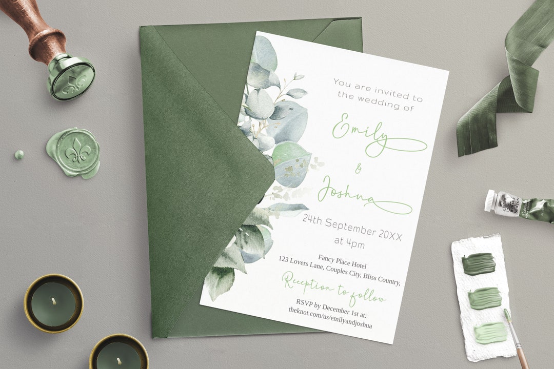 Eucalyptus, White Floral Wedding Invitation - Editable Template. Beautiful Understated Botanical ...