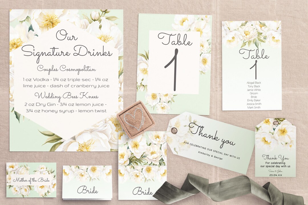 White Peony Wedding Signage Bundle: Mint Green Floral (digital Download ...