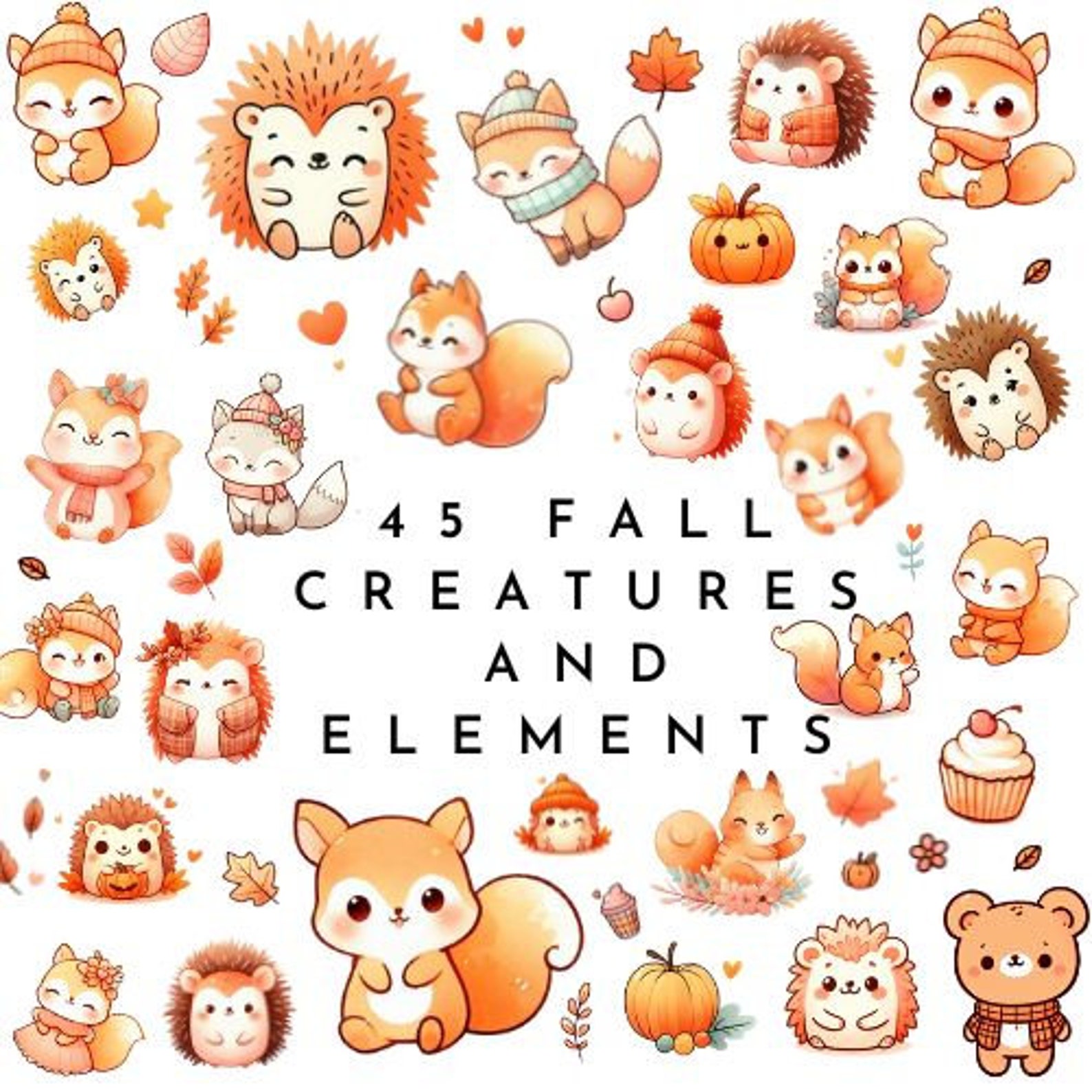 Fall Kawaii Clipart | Autumn Cute Creatures and Elements PNG | Cute ...