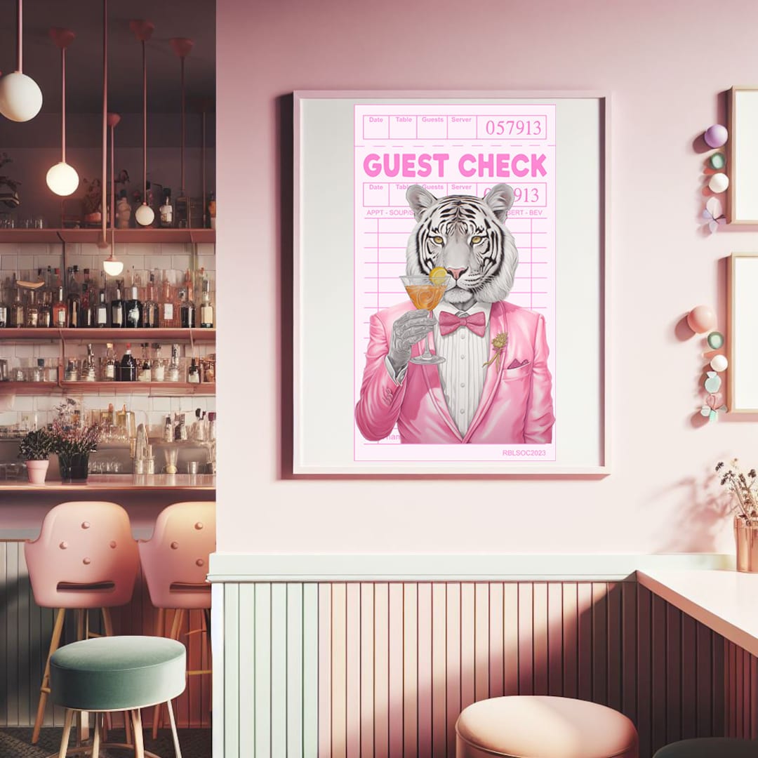 Guest Check Print Drinking Tiger Poster Pink Wall Art Bar - Etsy