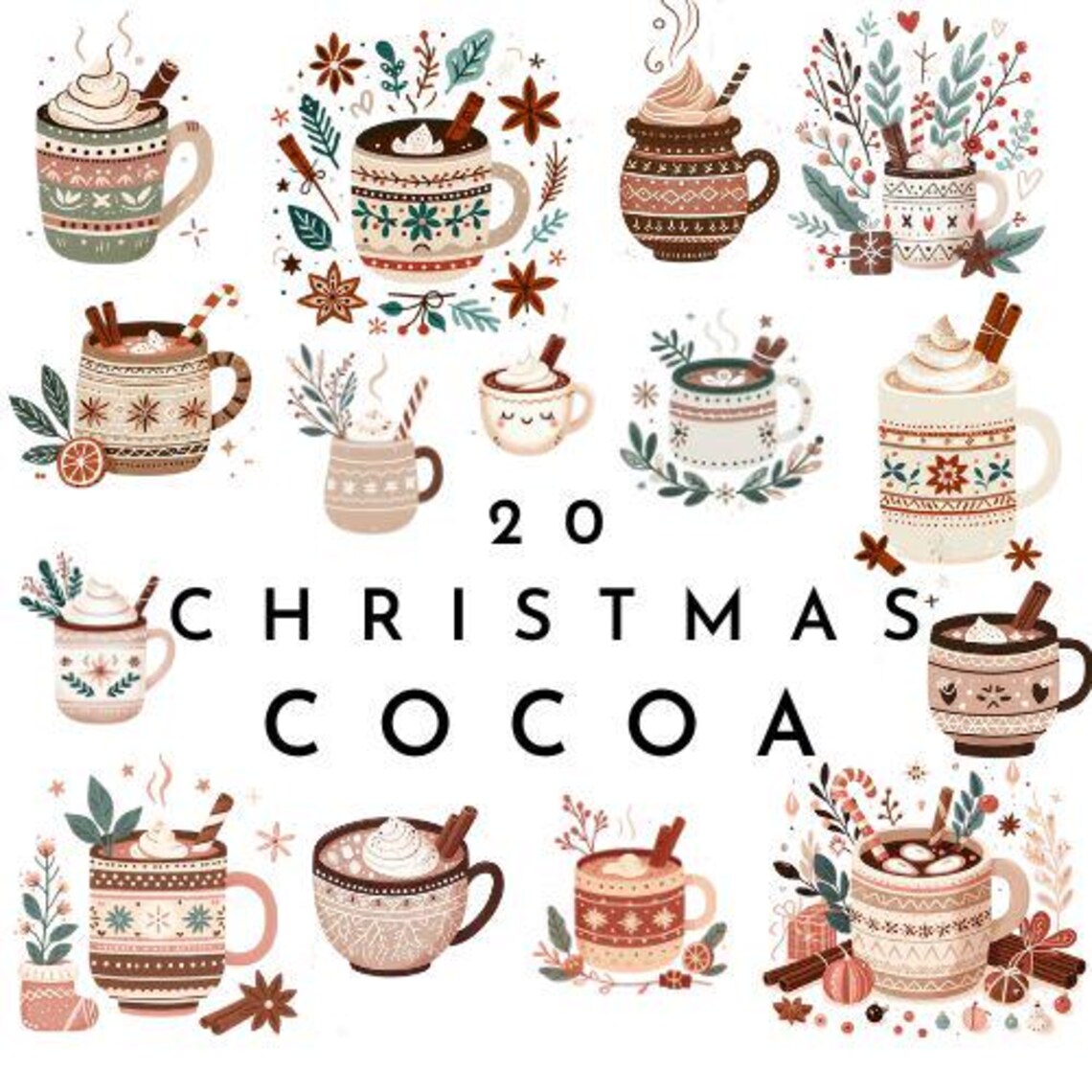 Christmas Boho Hot Cocoa PNG | Scandinavian Xmas Cocoa Clipart | Boho ...