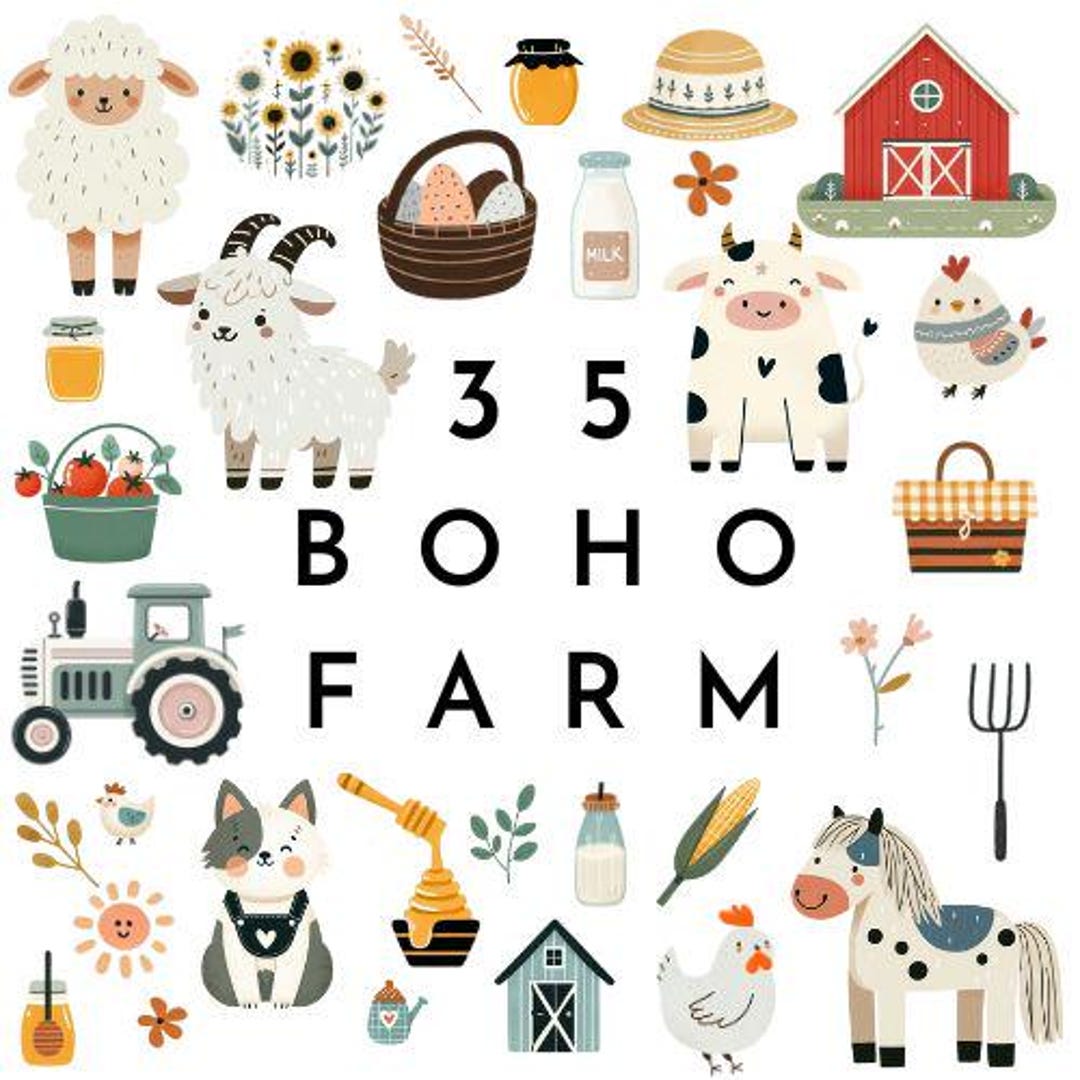 Farm Clipart | Boho Farm PNG | Boho Animal Cute PNG | Watercolor Farm ...