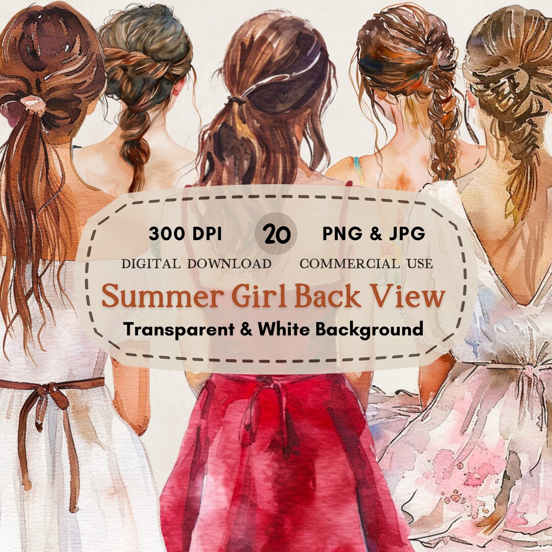 Summer Girl Back View 20 Watercolor Clipart Set, Side View Girl, Girl ...