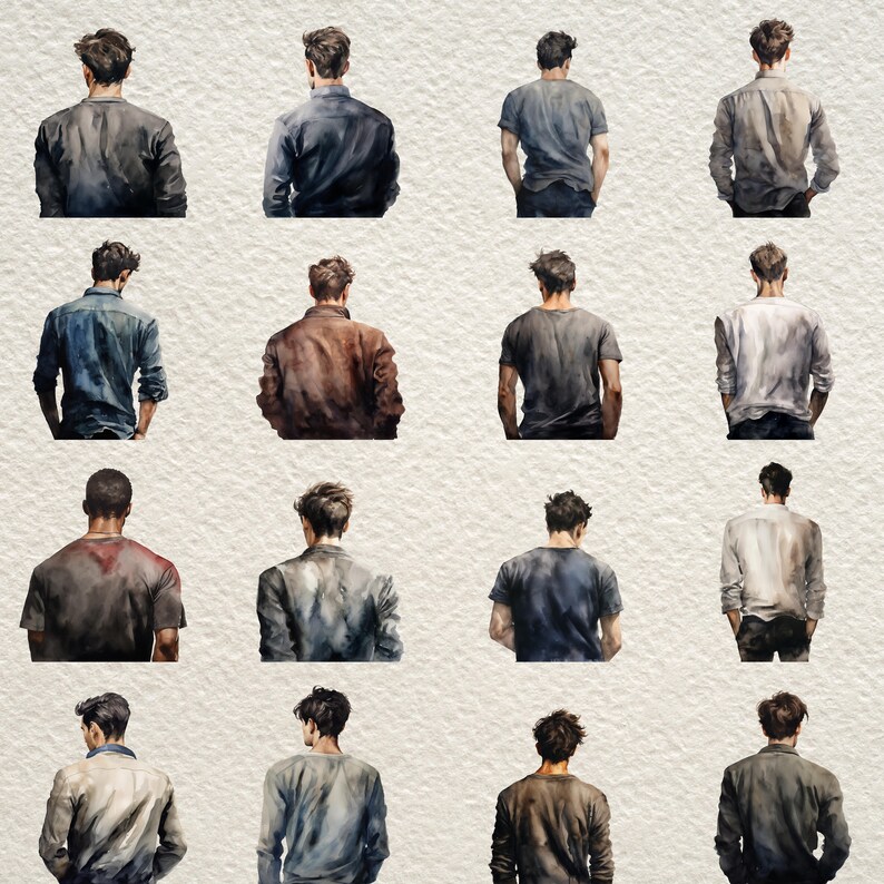 Men Back View 20 Watercolor Clipart Set, Side View Boy, Man ...