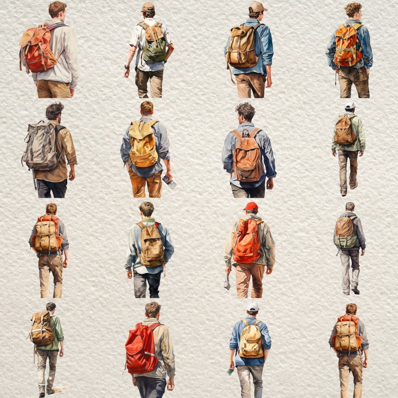 Man With Backpack 20 Back View Watercolor Clipart Set, Side View Man ...