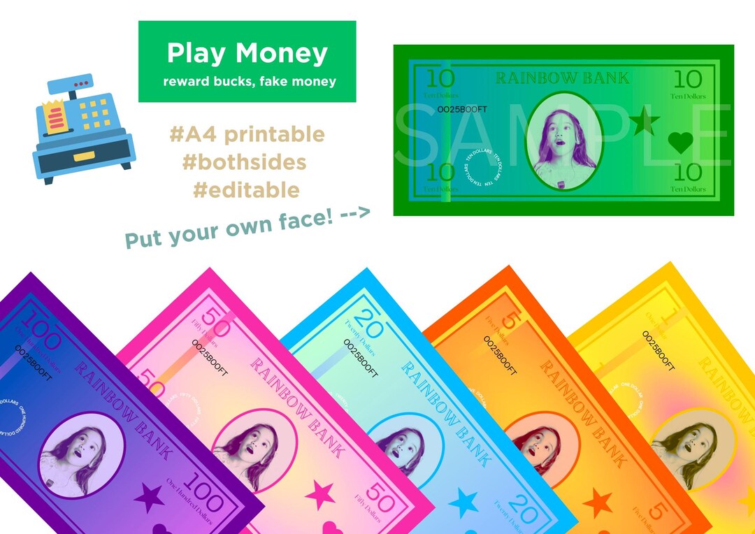Personalized Play Money: Custom Photo, Editable Template (instant ...